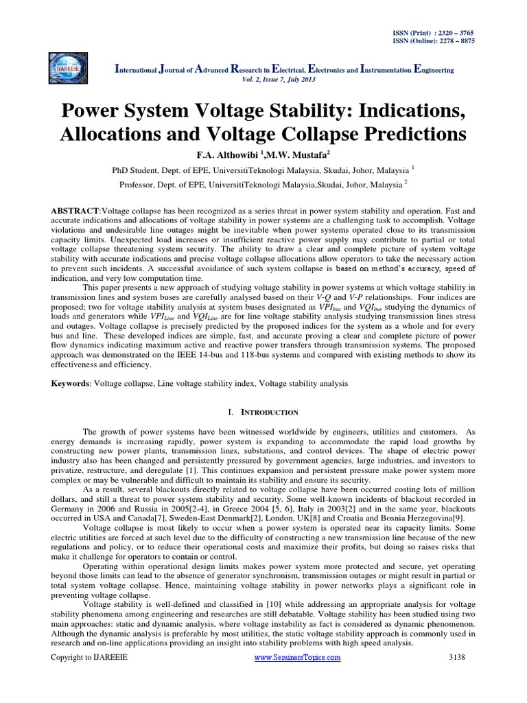 Power System Voltage Stability: Indications, Allocations and Voltage Collapse Predictions | PDF ...