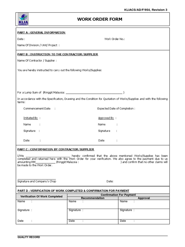 954 FORM AD, R3 - Work Order Form | PDF | Technology & Engineering