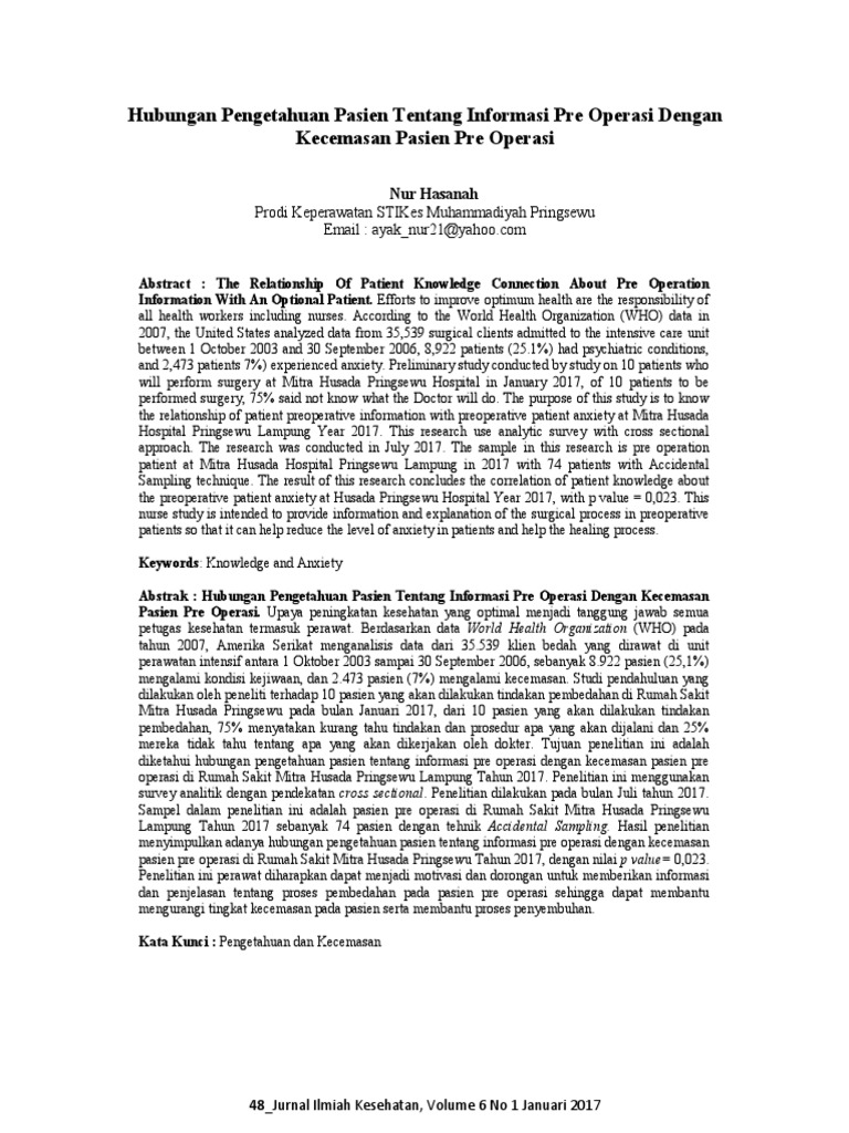 Hubungan Pengetahuan Pasien Tentang Informasi Pre Operasi Dengan ...