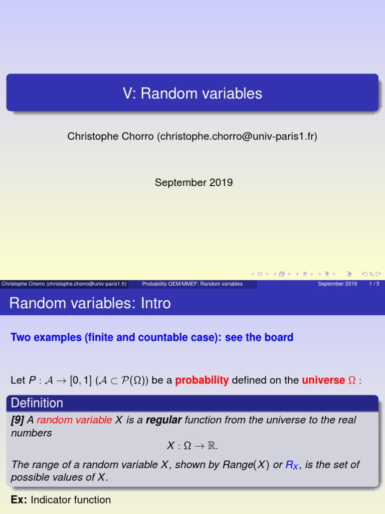 V: Random Variables: Christophe Chorro (Christophe - Chorro@univ-Paris1 ...
