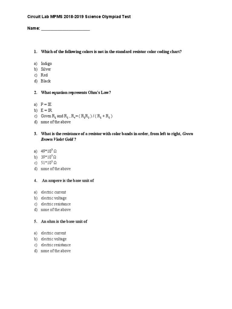 Circuit Lab Science Olympiad Test 2018-2019 | PDF | Electrostatics ...