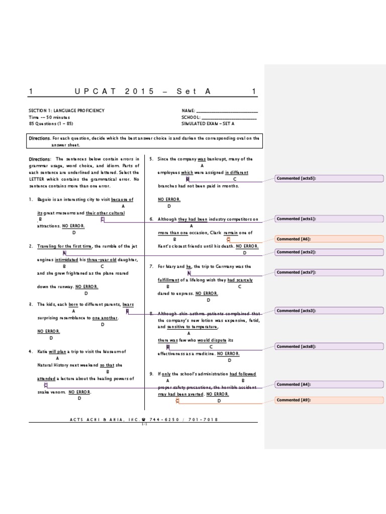 Upcat 2015 - Simulated Exam - Set A - Section 1 - Language Proficiency ...