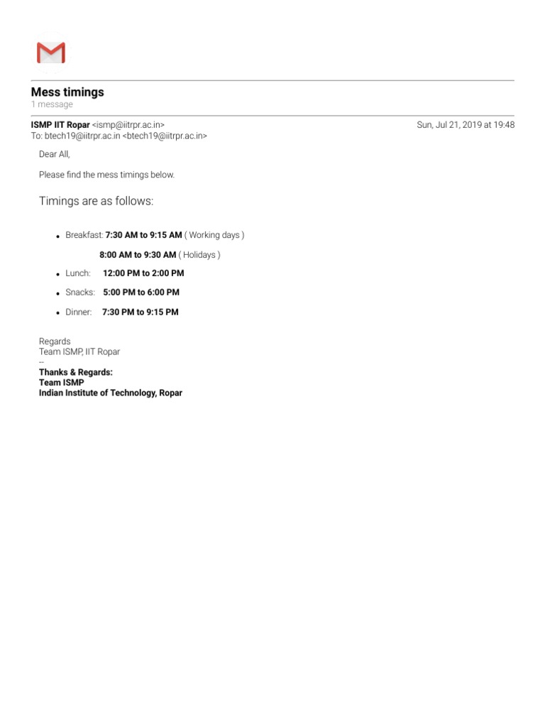 Gmail - Mess Timings | PDF