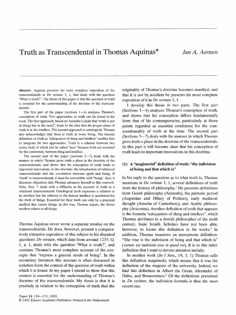 Aertsen - Truth As Transcendental in Thomas Aquinas | PDF | Nous | Truth