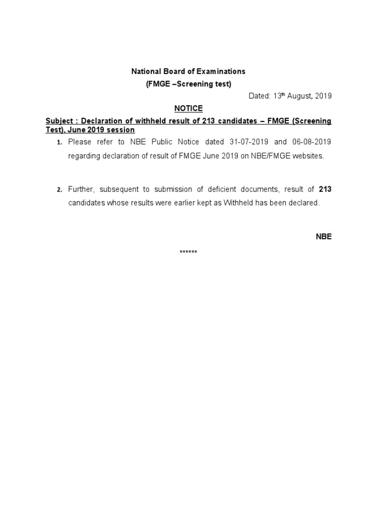 Result Notice FMGE JUNE2019 LOT2 v1 | PDF