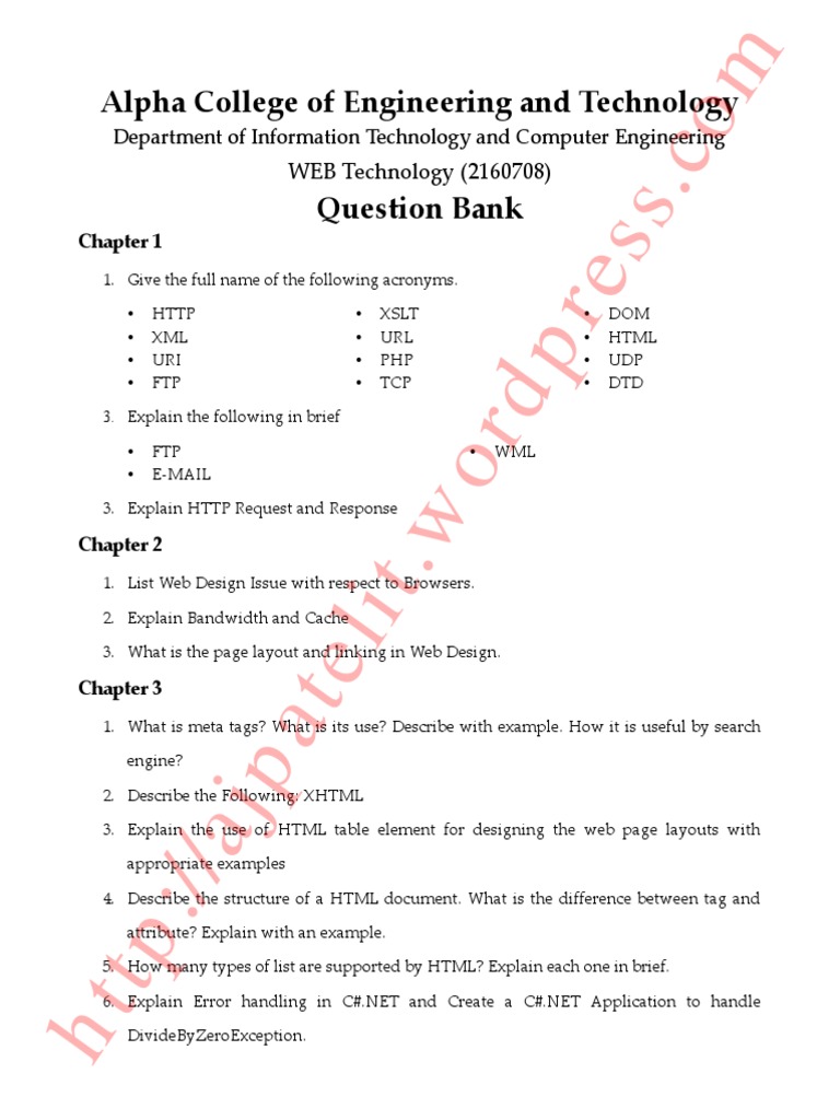 Web Technology Question Bank PDF | PDF | Html Element | Html