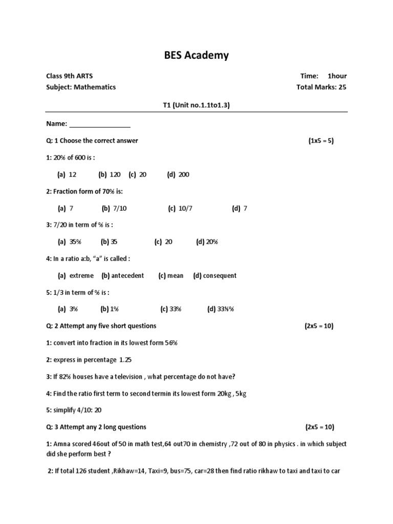BES Academy: Class 9th ARTS Time: 1hour Subject: Mathematics Total ...