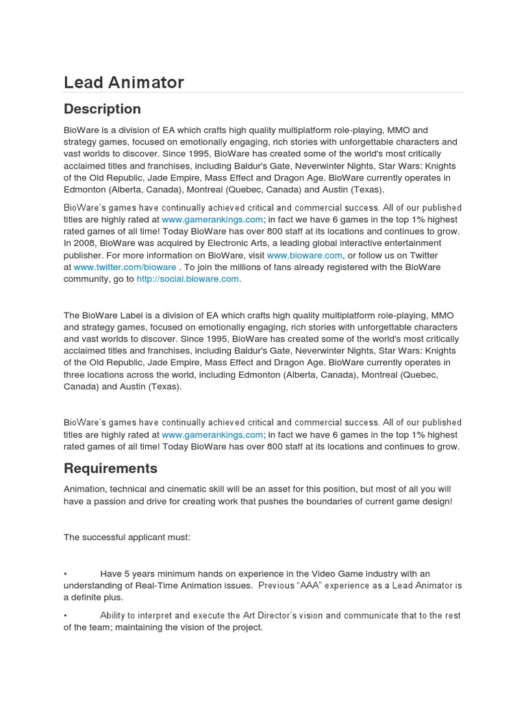 Lead Animator@Bioware | PDF | Gaming | Leisure