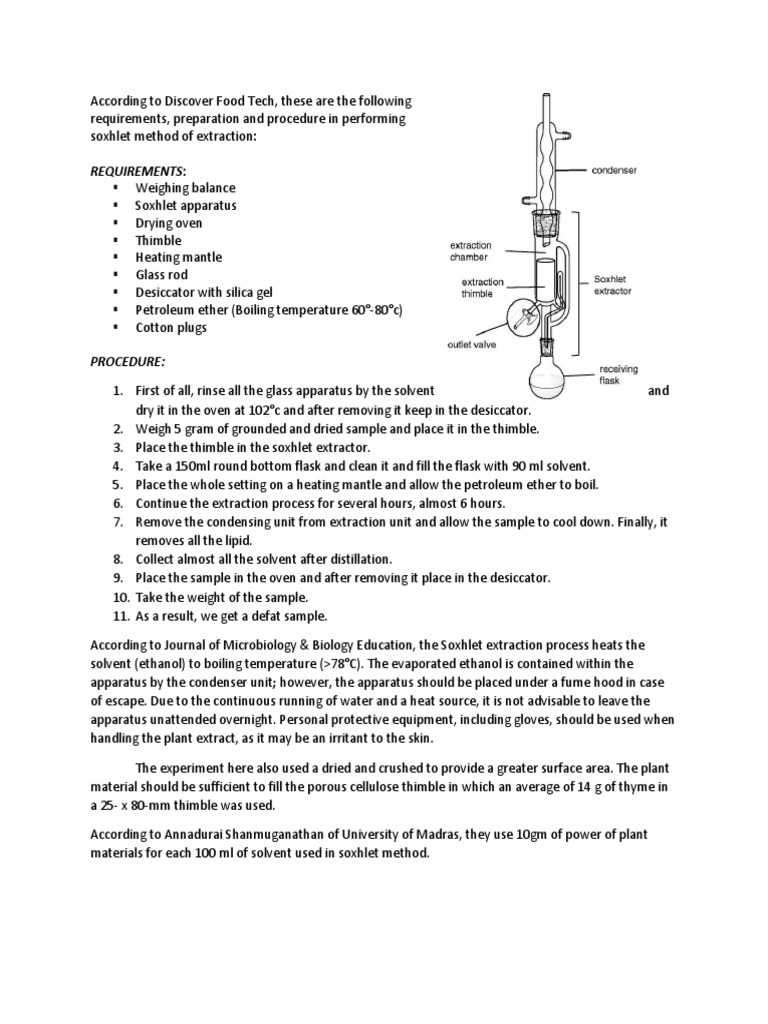 Soxhlet Extraction Procedure for Plants | PDF