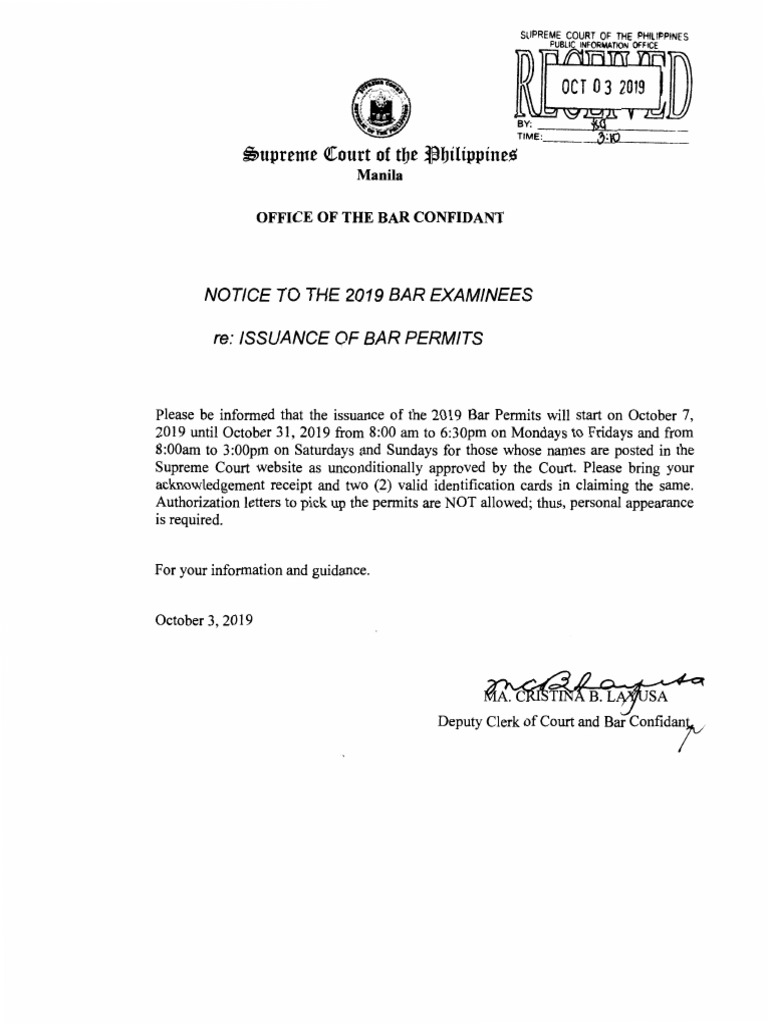 Upreme (!court of Tbe Bilippineg: Notice To The 2019 Bar Examinees ...
