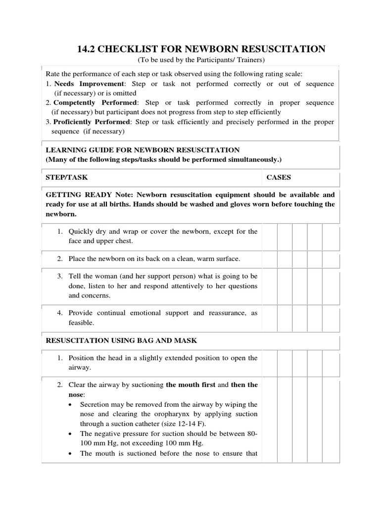 Newborn Resuscitation Checklist | PDF | Breathing | Cardiopulmonary ...