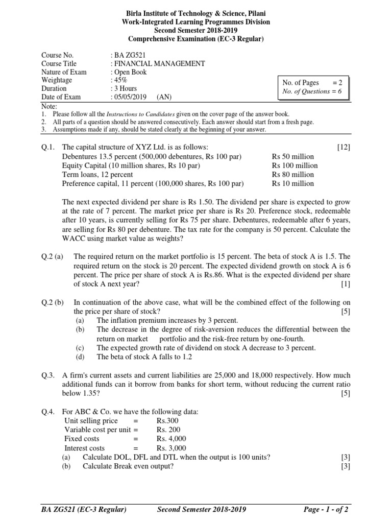 BITS MBA Finanace Comprehensive Exam Paper | PDF | Stocks | Beta (Finance)