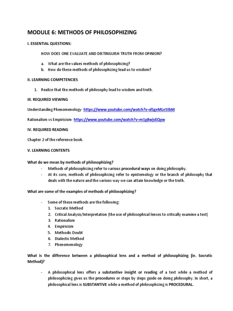 MODULE 6 Methods of Philosophizing | PDF | Rationalism | Empiricism