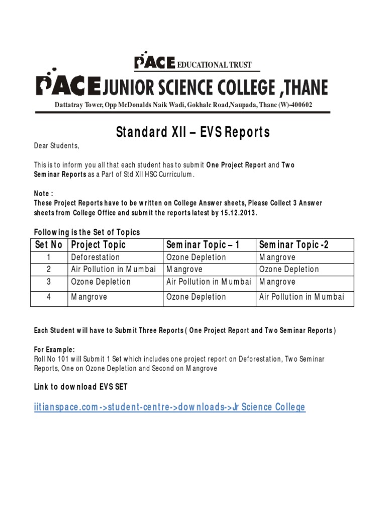 Standard XII - EVS Reports: Set No Project Topic Seminar Topic - 1 ...