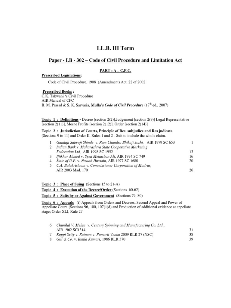 CPC Limitation Syllabus | PDF | Lawsuit | Social Institutions