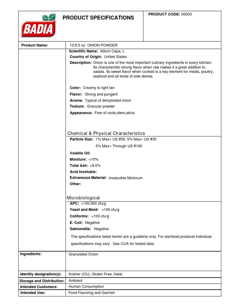 Product Specifications: Chemical & Physical Characteristics | PDF ...