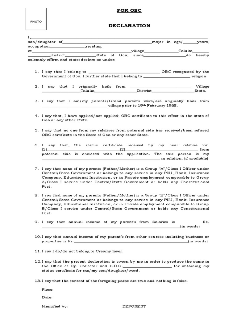 Goa Self Declaration For OBC | PDF | Government