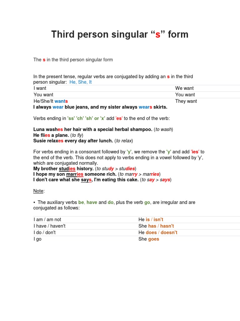 Third Person Singular Verbs Worksheets Third Person | PDF