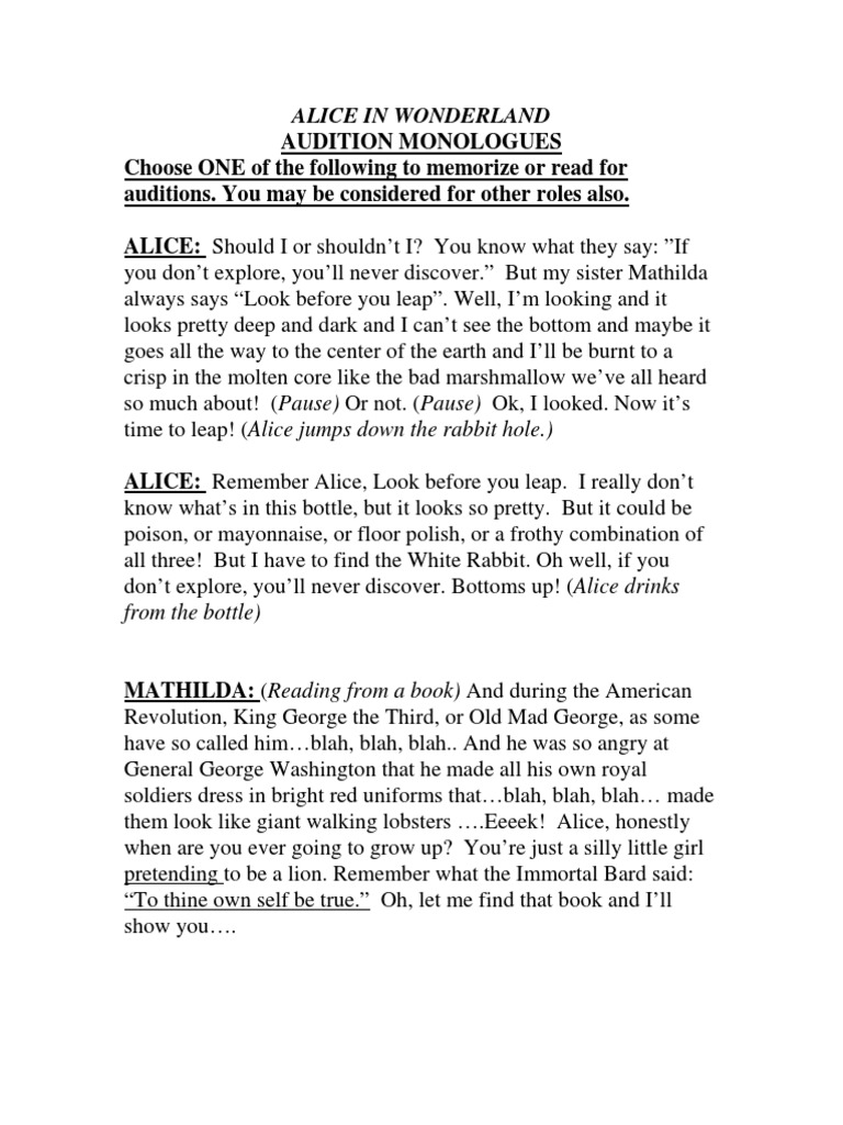 Alice in Wonderland Monologue Sample | PDF | Literary Motifs | English ... Alice in Wonderland Monologue Sample | PDF | Literary Motifs | English ...