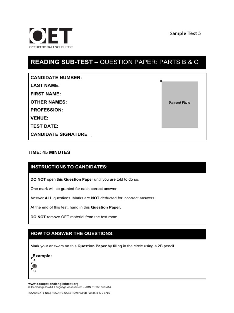 Reading Sub-Test - Question Paper: Parts B & C | PDF | Cardiovascular ...