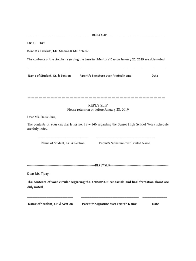 Reply Slip | PDF | Signature | Writing