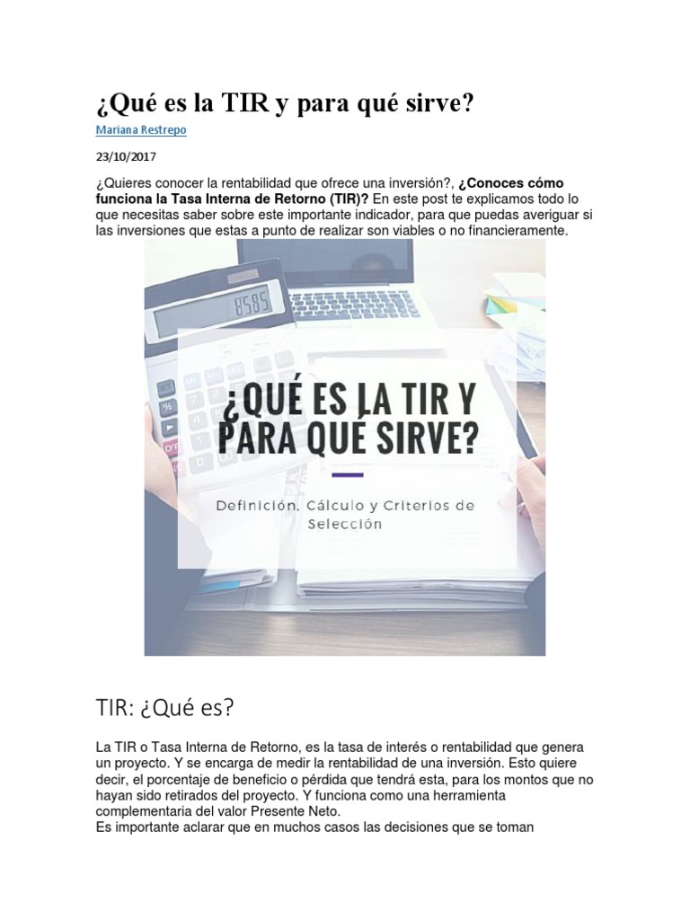 ¿Qué Es La TIR y para Qué Sirve? | PDF
