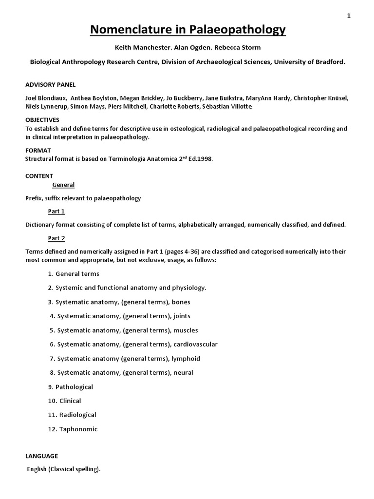 Nomenclature in Palaeopathology: Establishing Standardized Terms for Descriptive Use in Skeletal ...