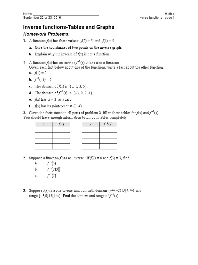 Inverse Functions-Tables and Graphs: Homework Problems | PDF | Function ...