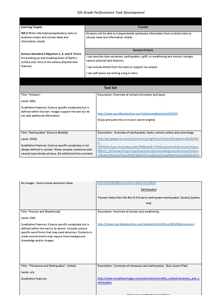 Step 1: Learning Targets and Success Criteria: 5th Grade Performance ...