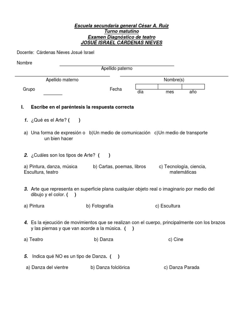 Examen Diagnóstico de Teatro 2019-2020 | PDF | Teatro | Bailes