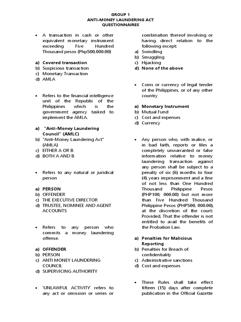 AMLA Questionnaire | PDF | Money Laundering | Patriot Act