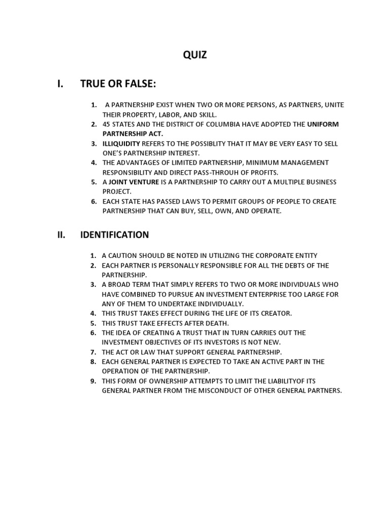 Quiz I. True or False:: II. Identification | PDF