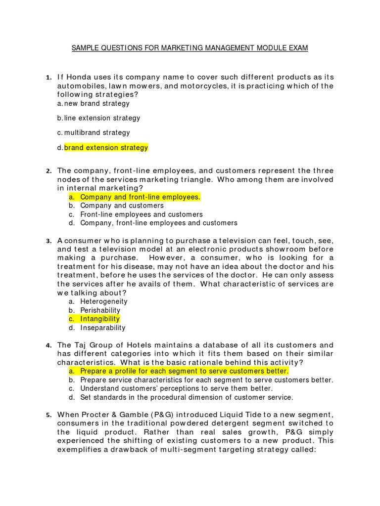 Marketing Management Exam Sample Questions | PDF | Career & Growth