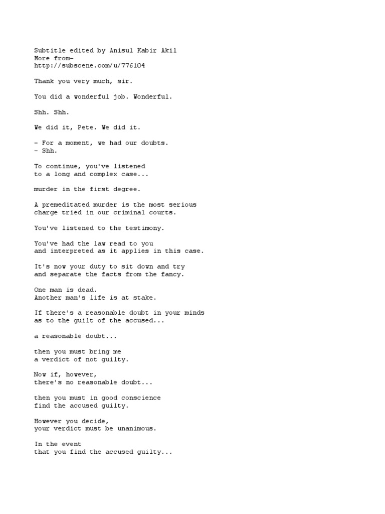 12 Angry Men 1957 Transcript | PDF | Witness | Reasonable Doubt
