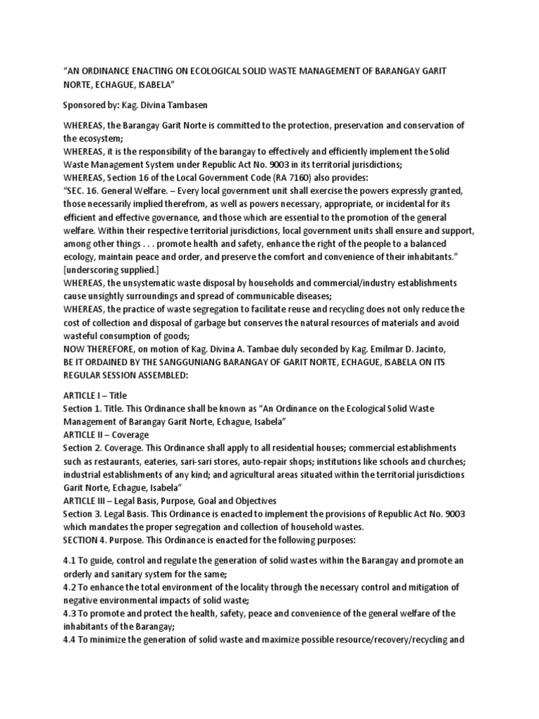 An Ordinance Enacting On Ecological Solid Waste Management of Barangay ... An Ordinance Enacting On Ecological Solid Waste Management of Barangay ...