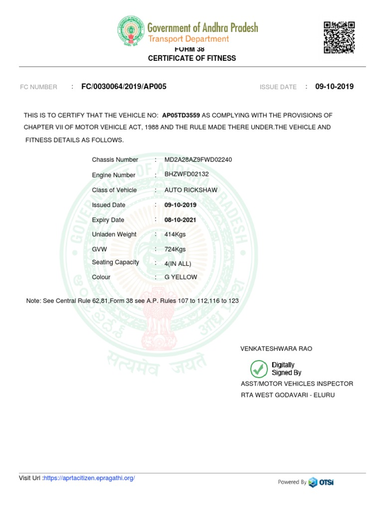 FC/0030064/2019/AP005 09-10-2019: Form 38 Certificate of Fitness | PDF