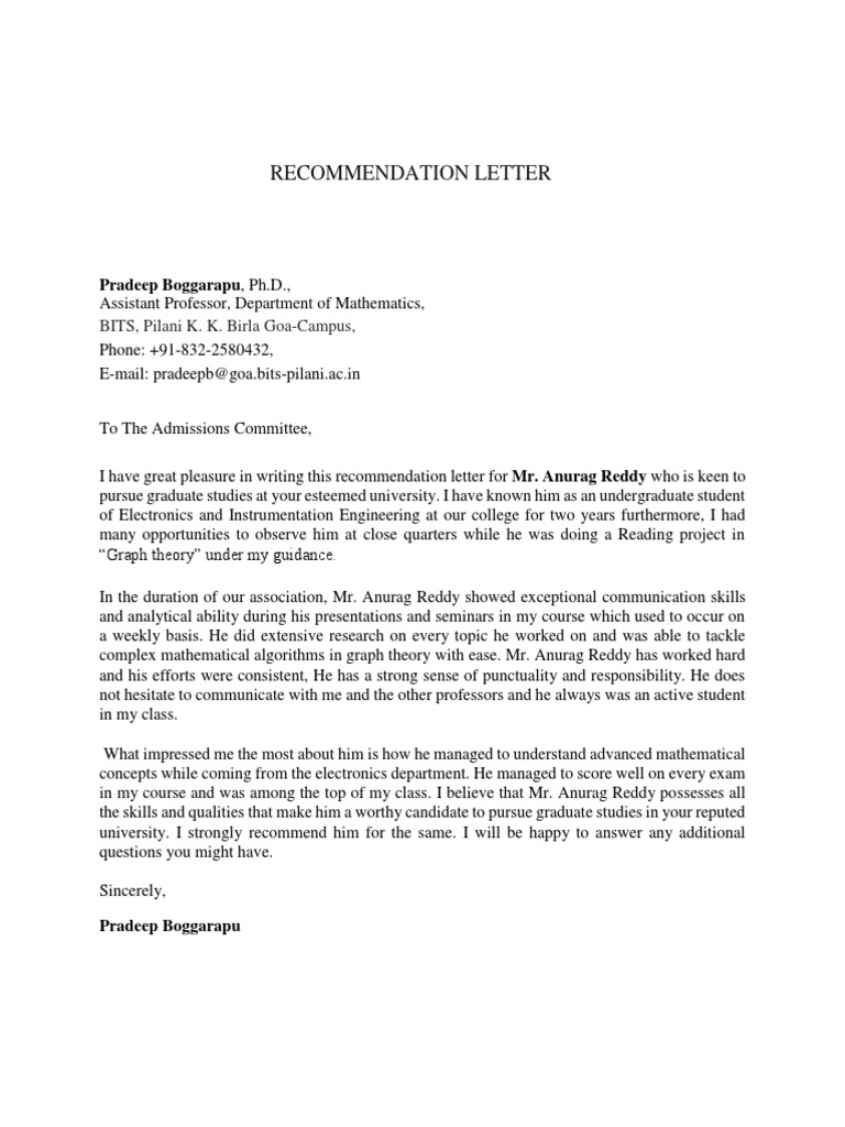 Anurag Reddy LOR Draft | PDF