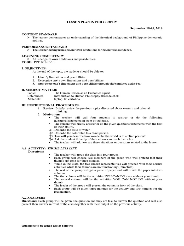 Cot 2 Philosophy | PDF | Lesson Plan | Rubric (Academic)