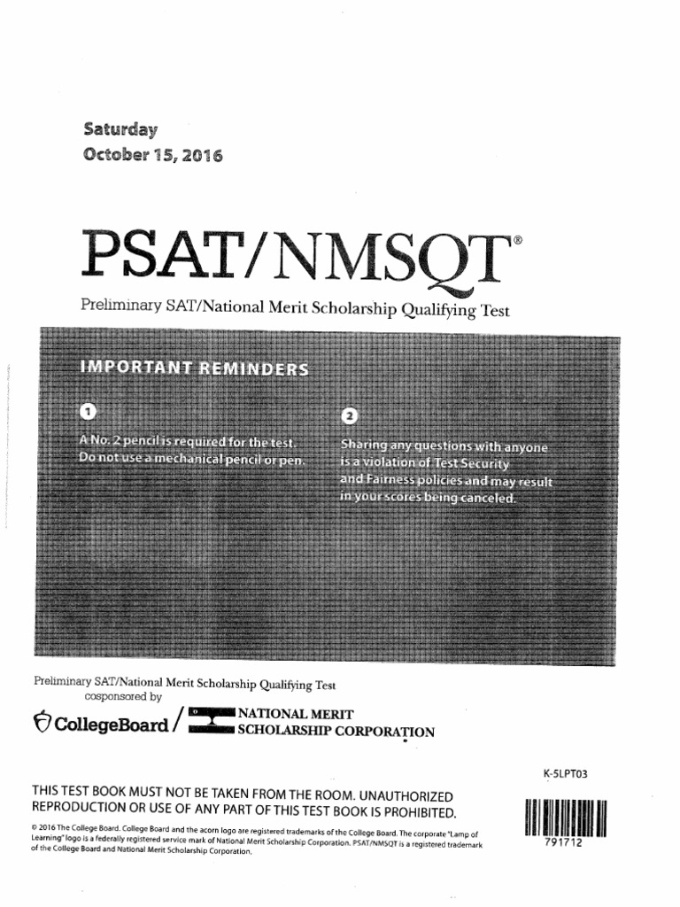 2016 PSAT - Saturday Version 10 - 15 - 16 PDF | PDF | Psat/Nmsqt | Tests