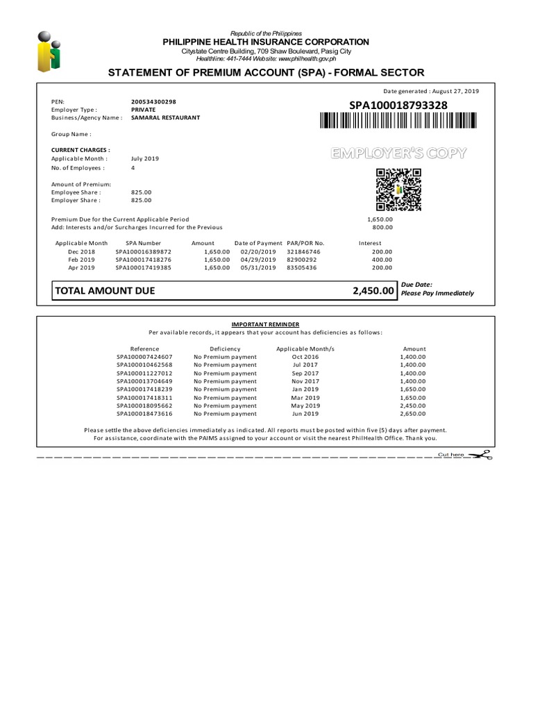 Total Amount Due 2,450.00: Statement of Premium Account (Spa) - Formal ...