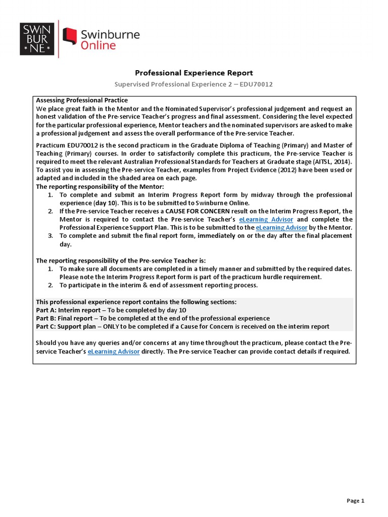Professional Experience Report - Edu70012 | PDF | Educational ...