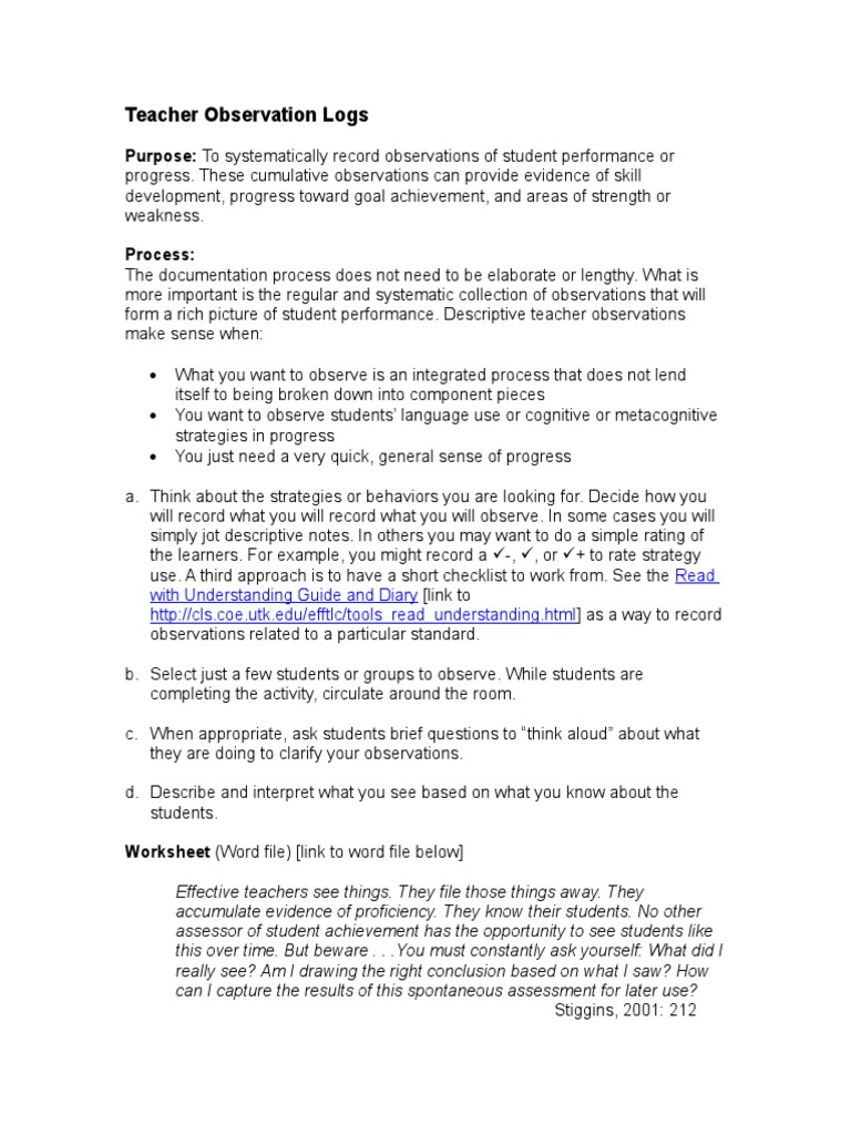 Teacher Observation Logs: Purpose: To Systematically Record ...