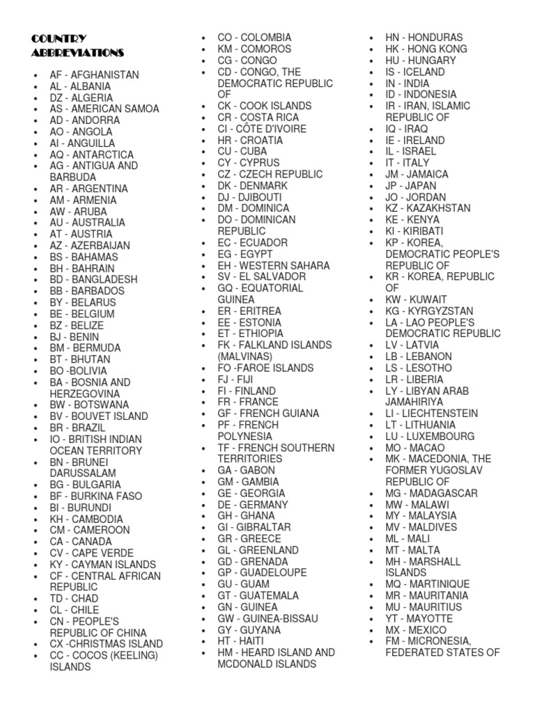 Country Abbreviations | Download Free PDF | Bachelor Of Science ...