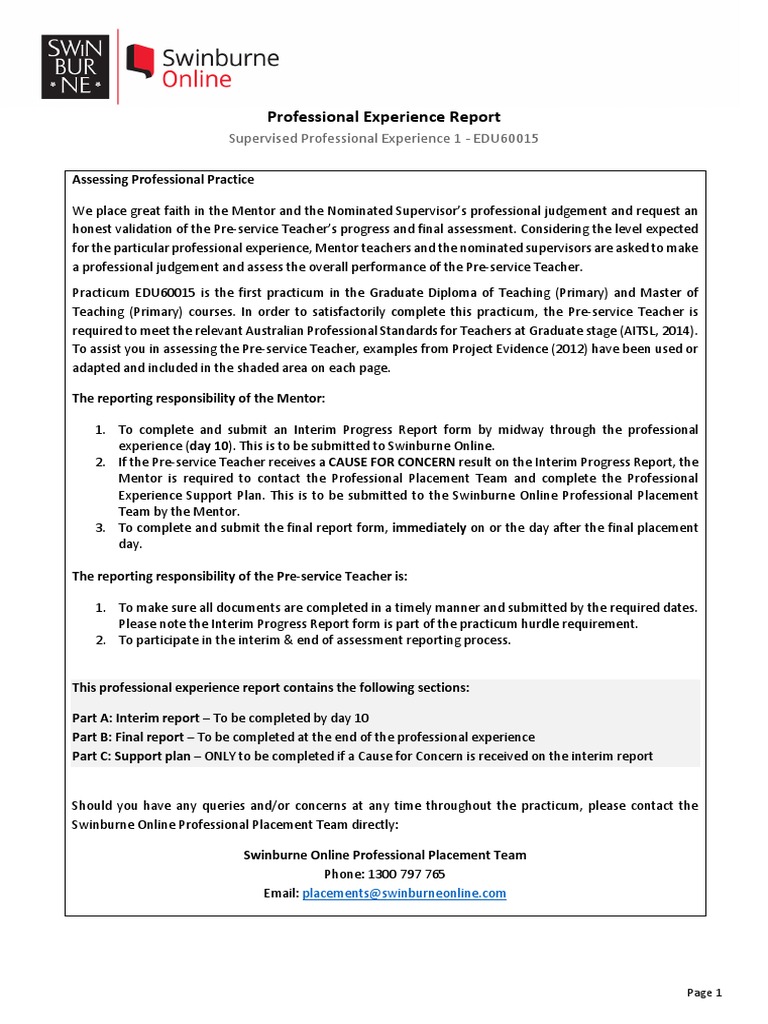 Alex Edwards Professional Experience Report - Edu60015 Supervised ...