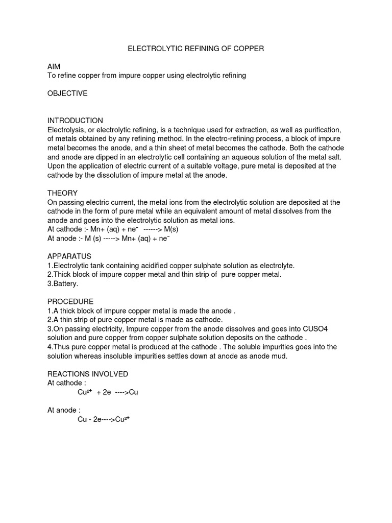 Electrolytic Refining of Cooper | PDF | Anode | Cathode