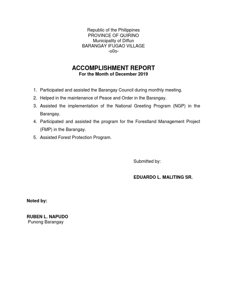 December 2019 Barangay Accomplishment Report | PDF