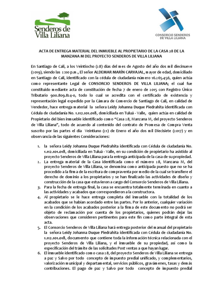 ACTA de ENTREGA MZ MCASA 28 Leidy Johanna Duque Piedrahita | PDF | Propiedad | Gobierno