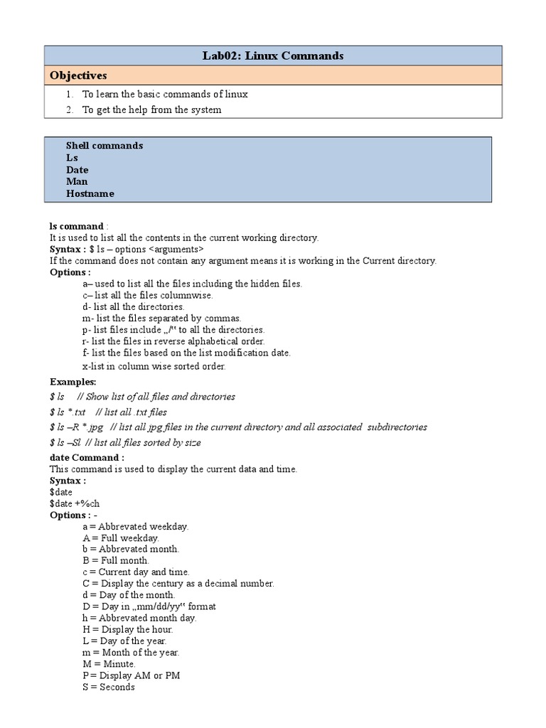 Lab02: Linux Commands Objectives: 1. To Learn The Basic Commands of Linux 2. To Get The Help ...