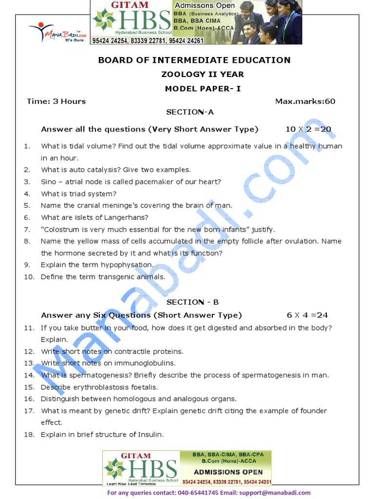 IPE Zoology Model Paper 1 Question Paper | PDF | Human | Life Sciences