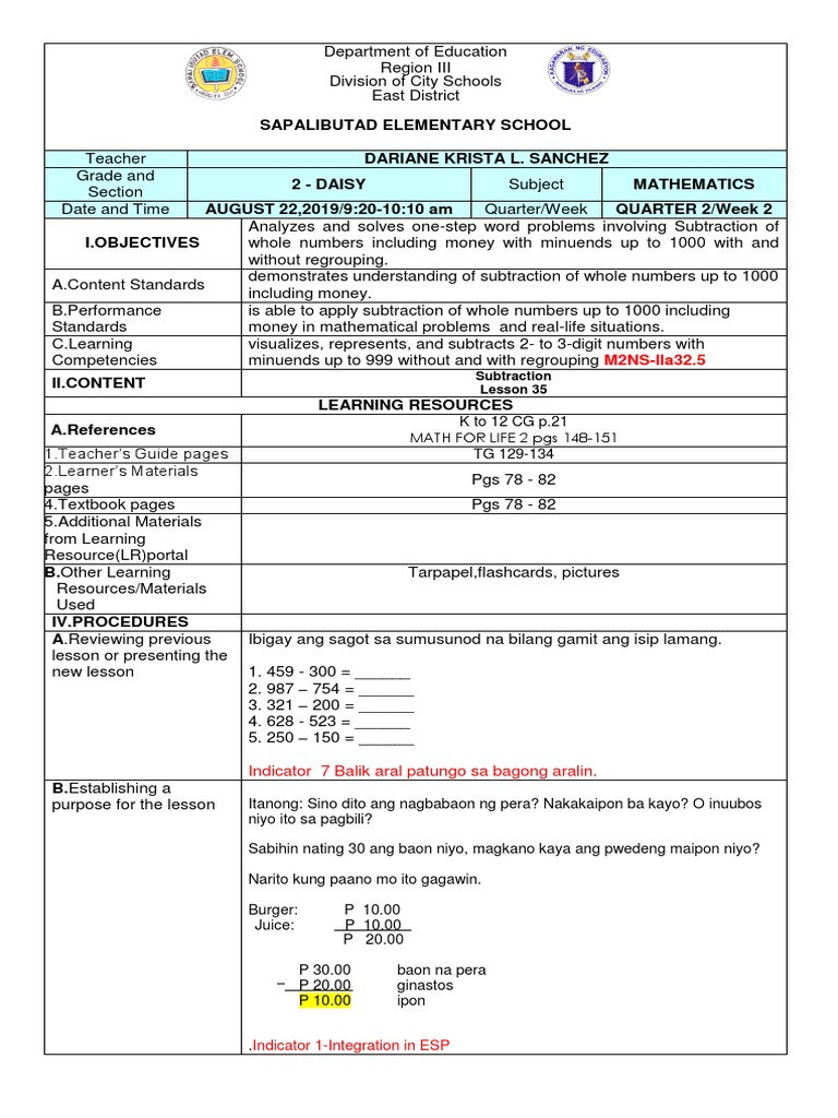 Sapalibutad Elementary School Dariane Krista L. Sanchez 2 - Daisy Mathematics AUGUST 22,2019/9 ...